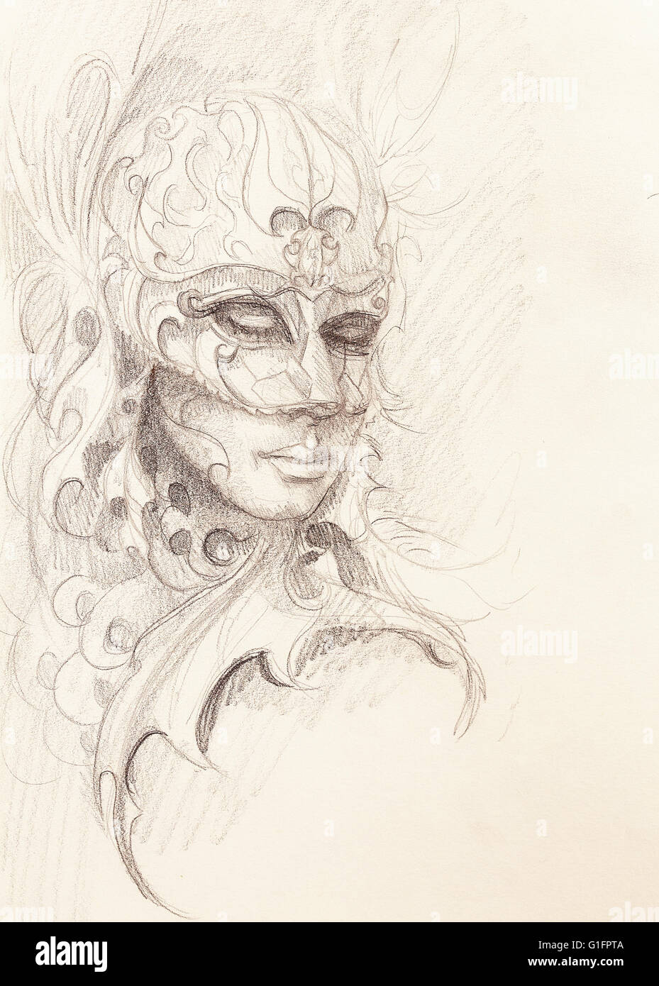 woman and ornamental mask. pencil drawing on paper Stock Photo - Alamy