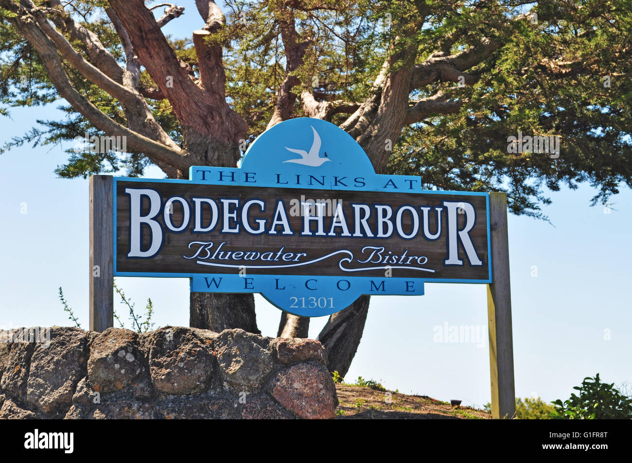 California: the sign of Bodega Harbor in Bodega Bay, famous for being ...