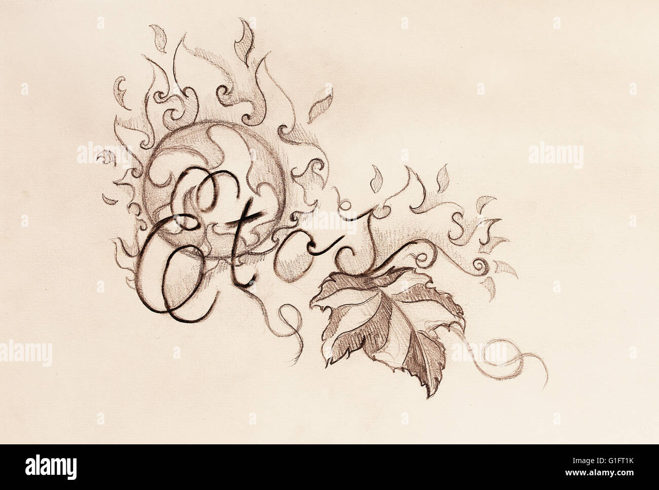 grapevine leaves and text and ornament with fire flames. Drawing on ...