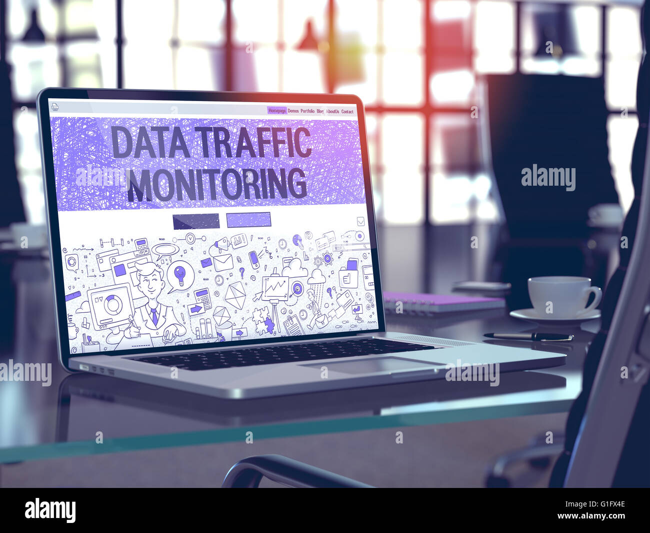 Data Traffic Monitoring on Laptop in Modern Workplace Background Stock ...