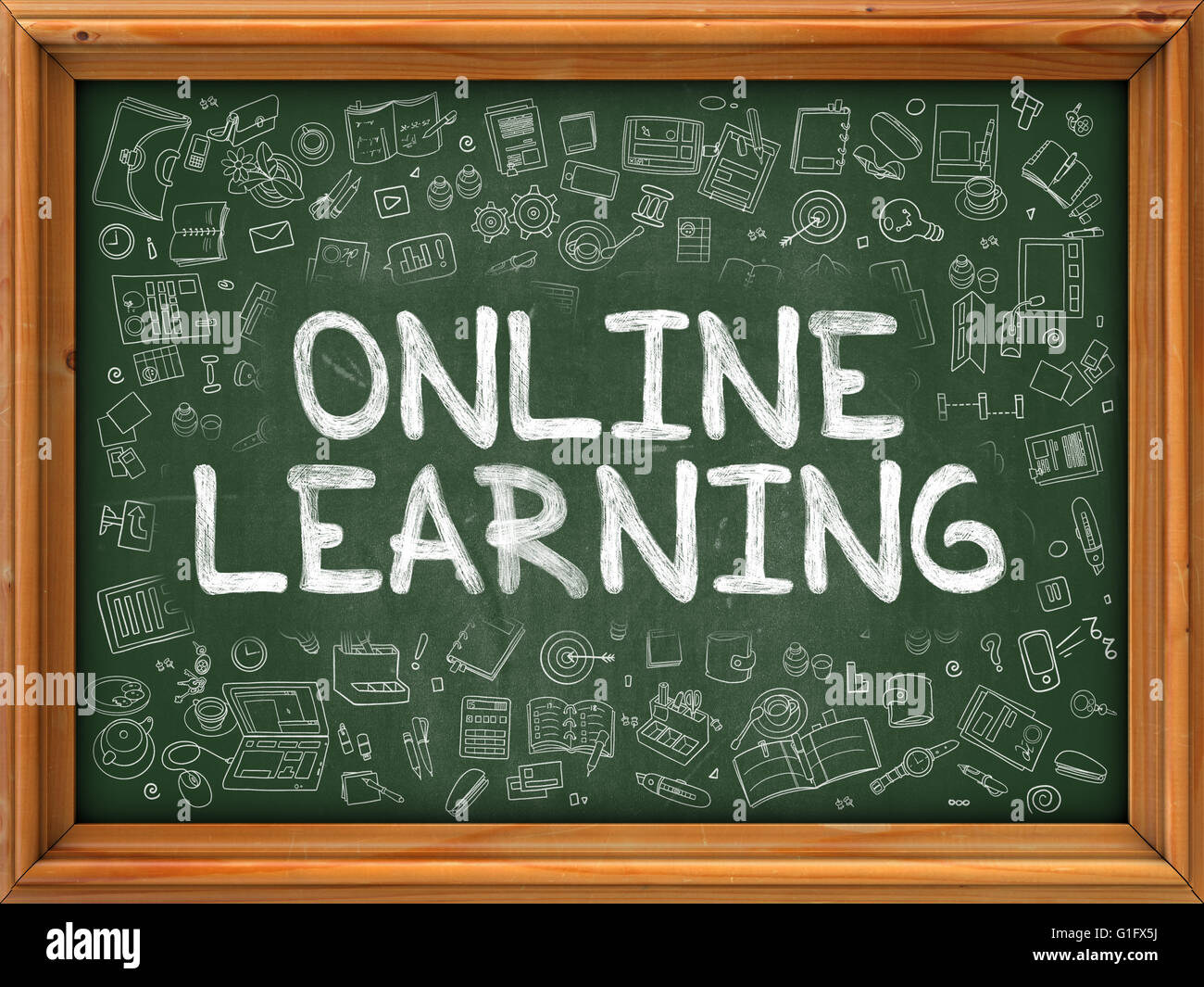 Green Chalkboard with Hand Drawn Online Learning Stock Photo - Alamy