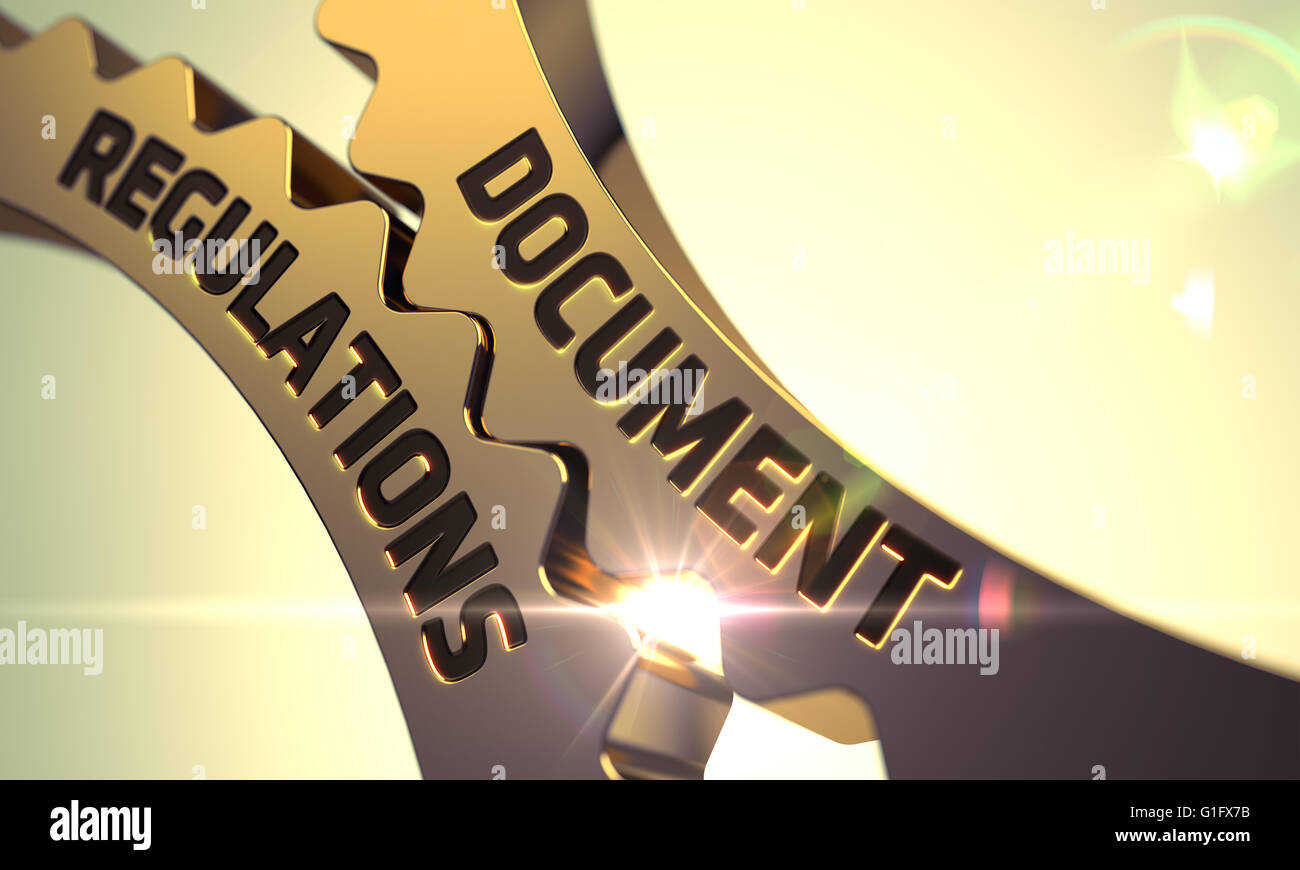 Document Regulations Concept. Golden Metallic Cog Gears Stock Photo - Alamy