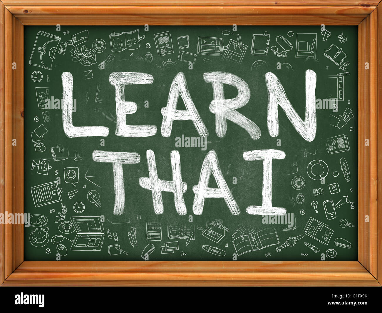 Learn Thai Concept. Green Chalkboard with Doodle Icons Stock Photo - Alamy