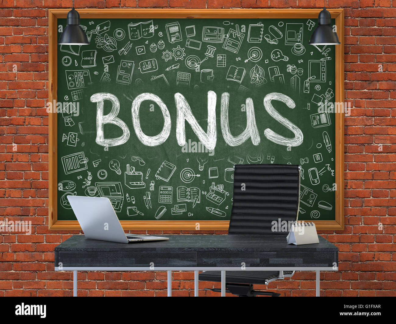 Chalkboard on the Office Wall with Bonus Concept Stock Photo - Alamy