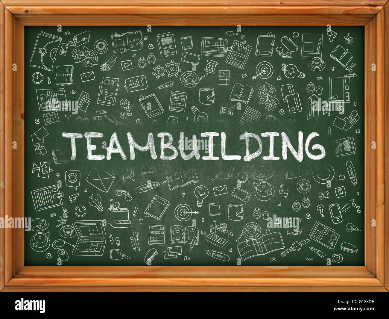 Teambuilding Concept. Green Chalkboard with Doodle Icons Stock Photo ...