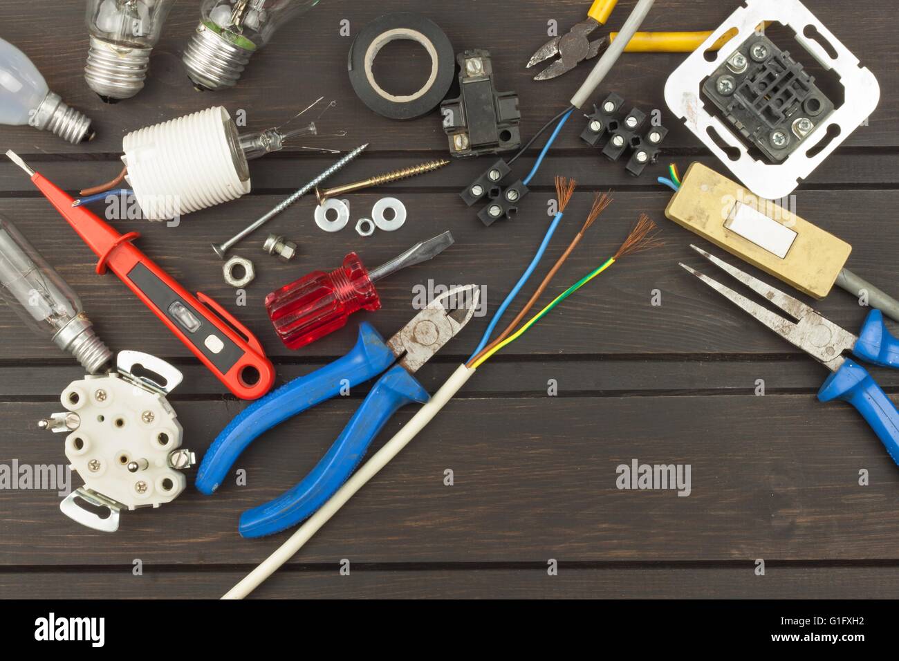 Clutter on the workbench. Tools, electronics repairman. Repair of ...