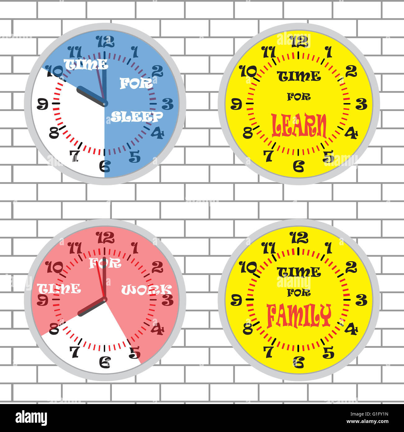 Clock time concept set brick wall. Balance time life learn and family ...