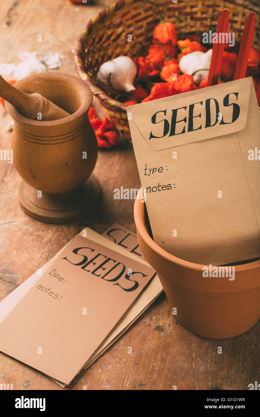 Garden table with seeds envelopes Stock Photo - Alamy