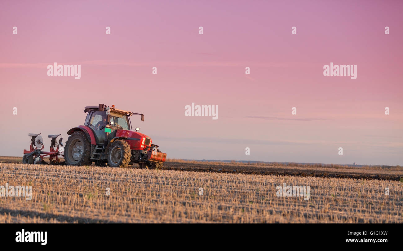 Farmer plowing field at sunset Stock Photo - Alamy