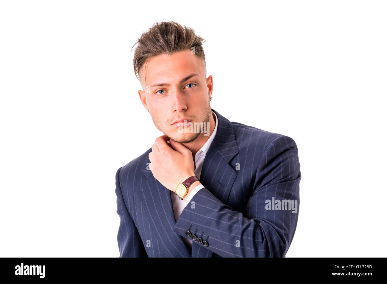 Half body shot of handsome elegant young man with suit and neck-tie ...