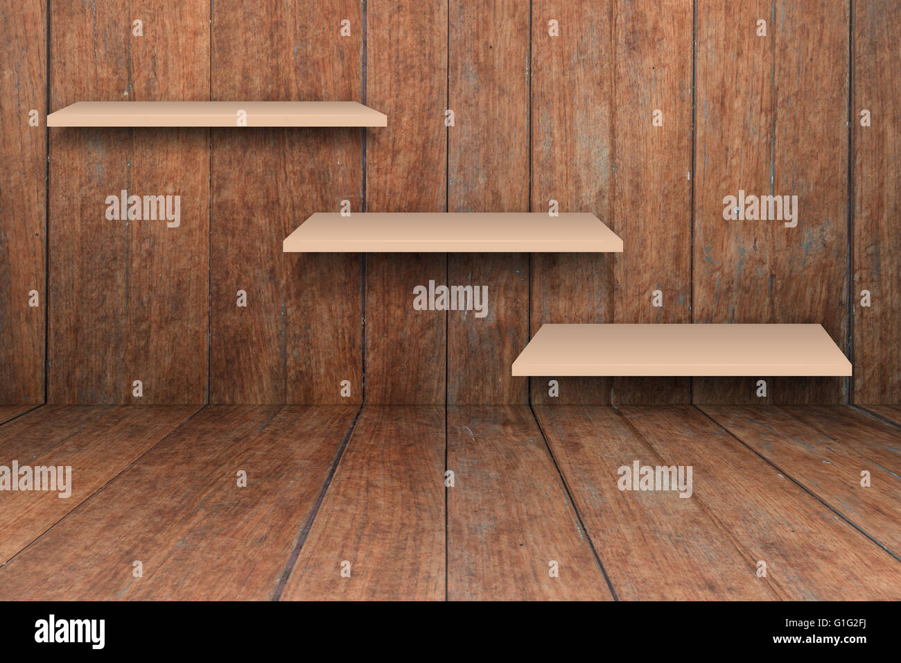 Three brown shelves on wooden interior texture background, stock photo ...
