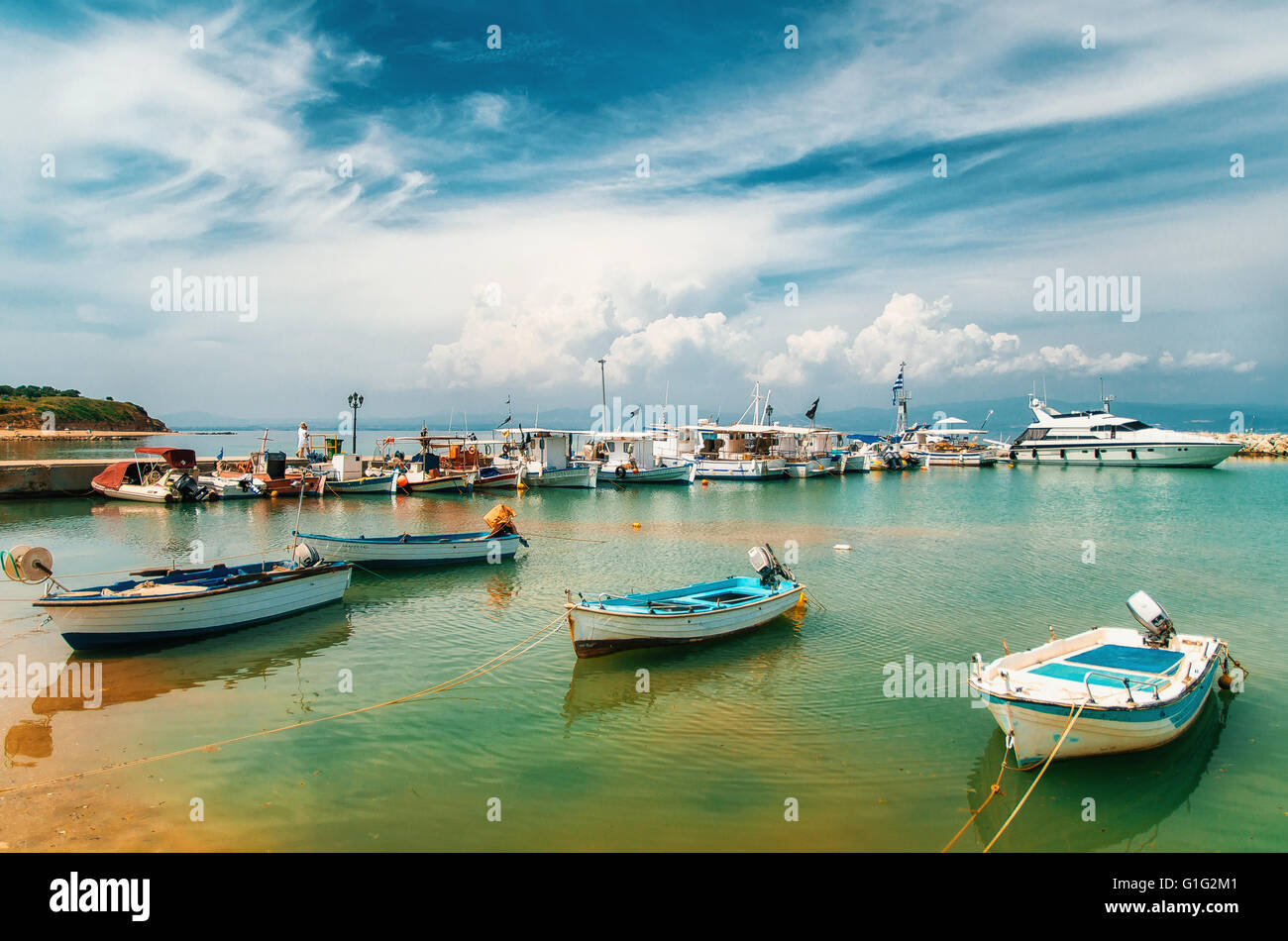 Sunny view of boats, yachts and Aegean sea from marina of Nea Fokia ...