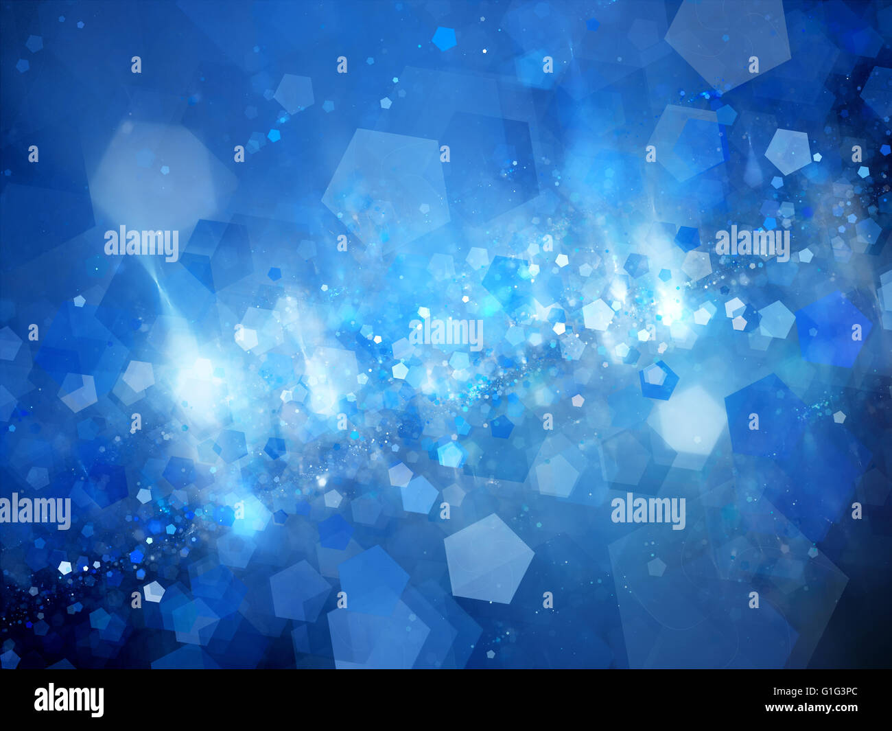 Blue glowing nebula with pentagon particles in deep space, computer ...