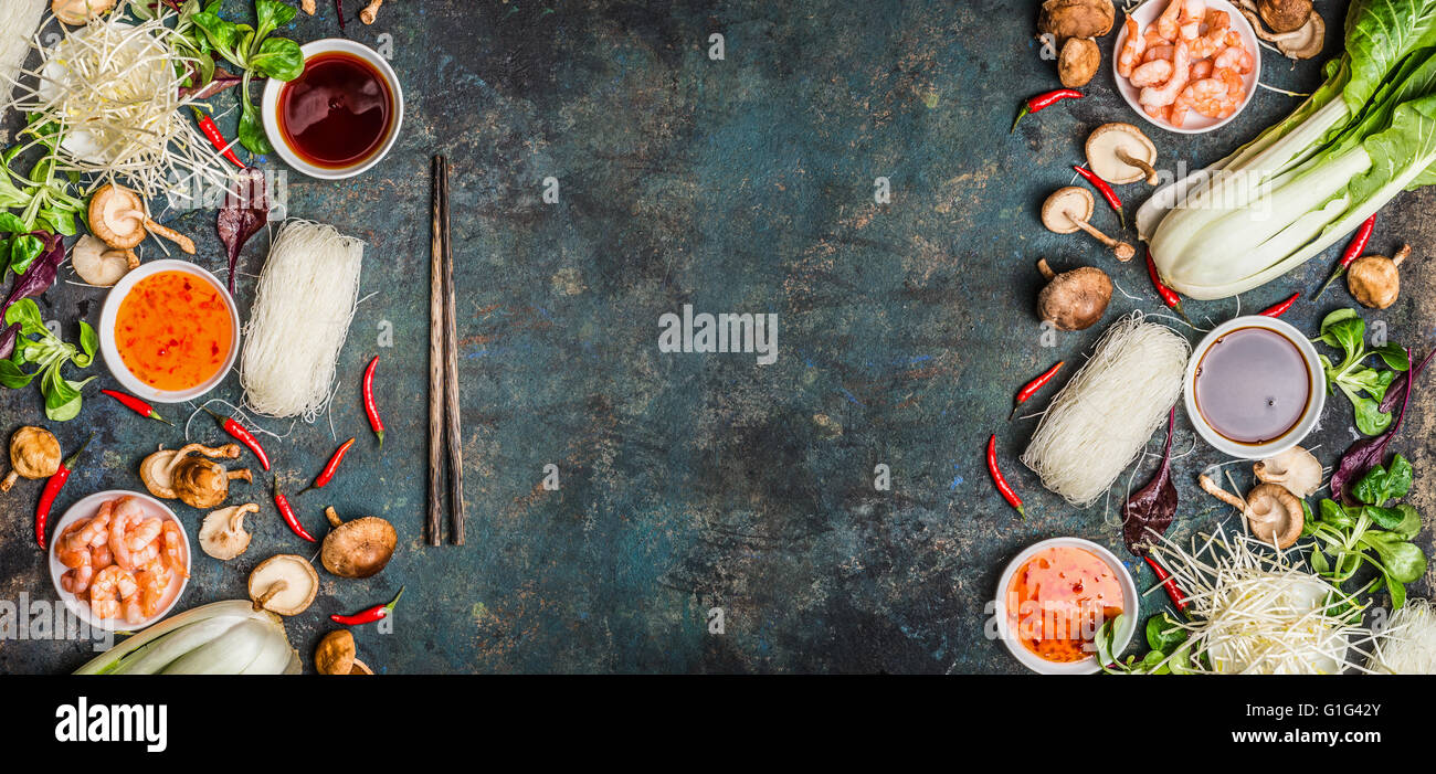 Asian food background with various of cooking ingredients on rustic ...