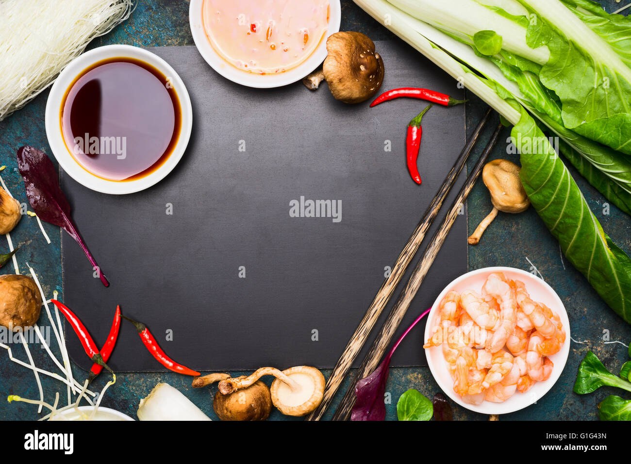 Chinese or Thai cooking food background. Asian food ingredients : soy ...