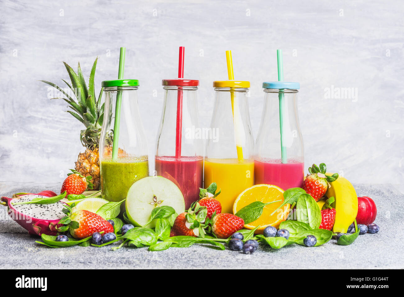 Assortment of smoothie with ingredients for blending, side view. Health ...
