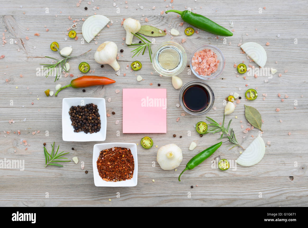 Food background. Colorful blank stickers for notes and pepper, bay leaf ...