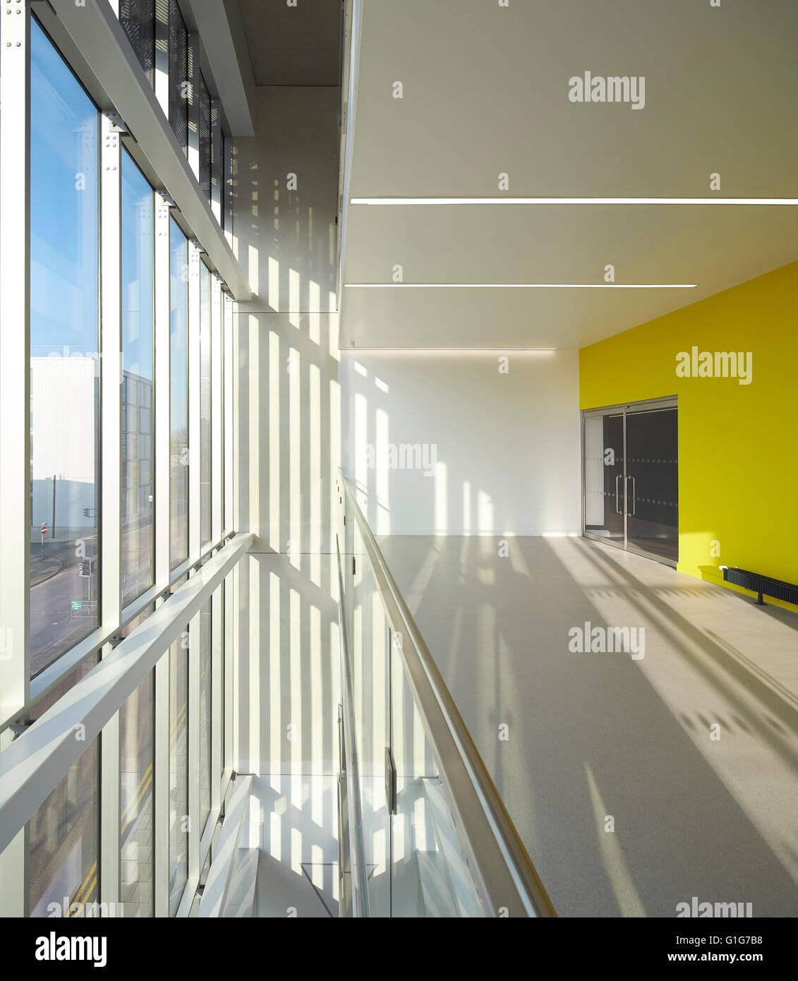 Upper floor corridor with window wall. Graphene Institute, University ...