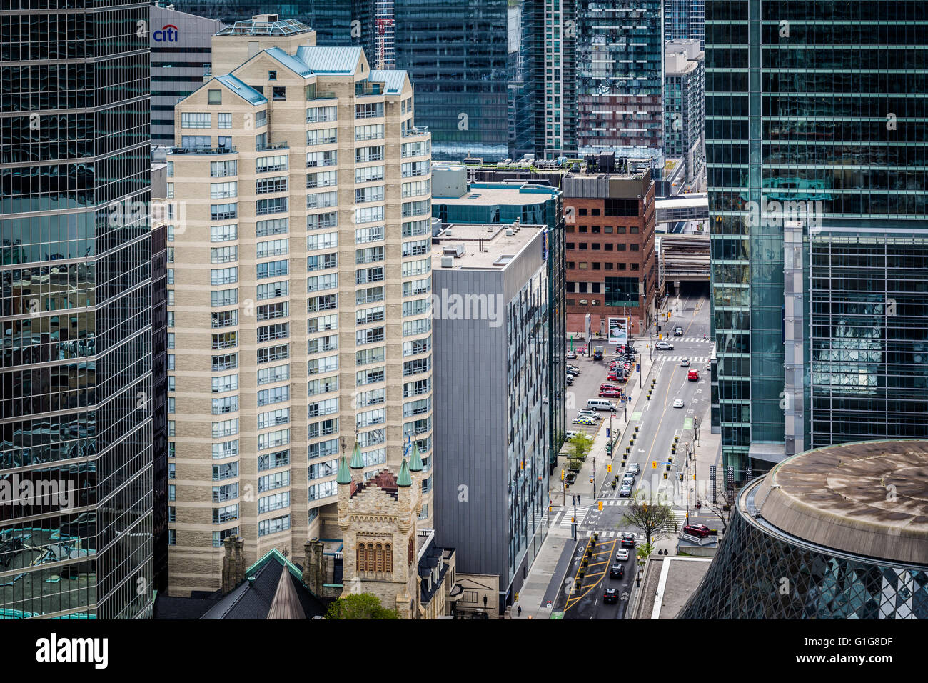 View of modern buildings along Simcoe Street, in the Financial District ...