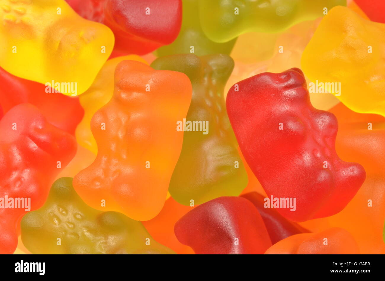 Closeup of colorful Haribo gummy bears. Haribo is German confectionery ...
