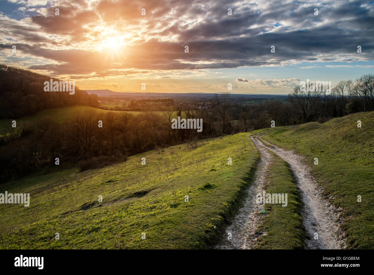 Stunning landscape image of sunset over countryside landscape in ...