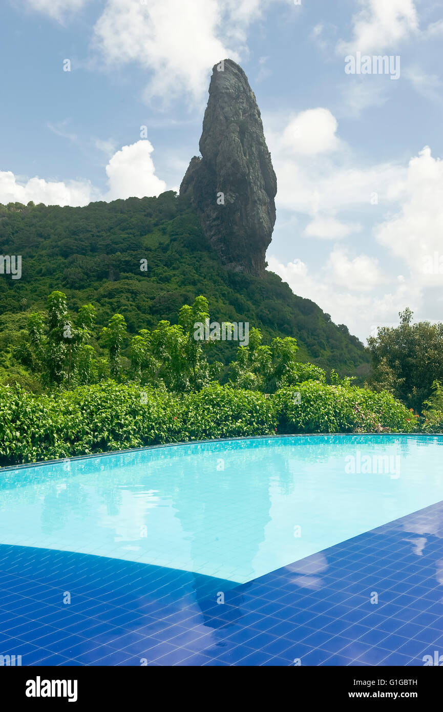 Morro do Pico reflecting in a pool, Fernando de Noronha National Marine ...