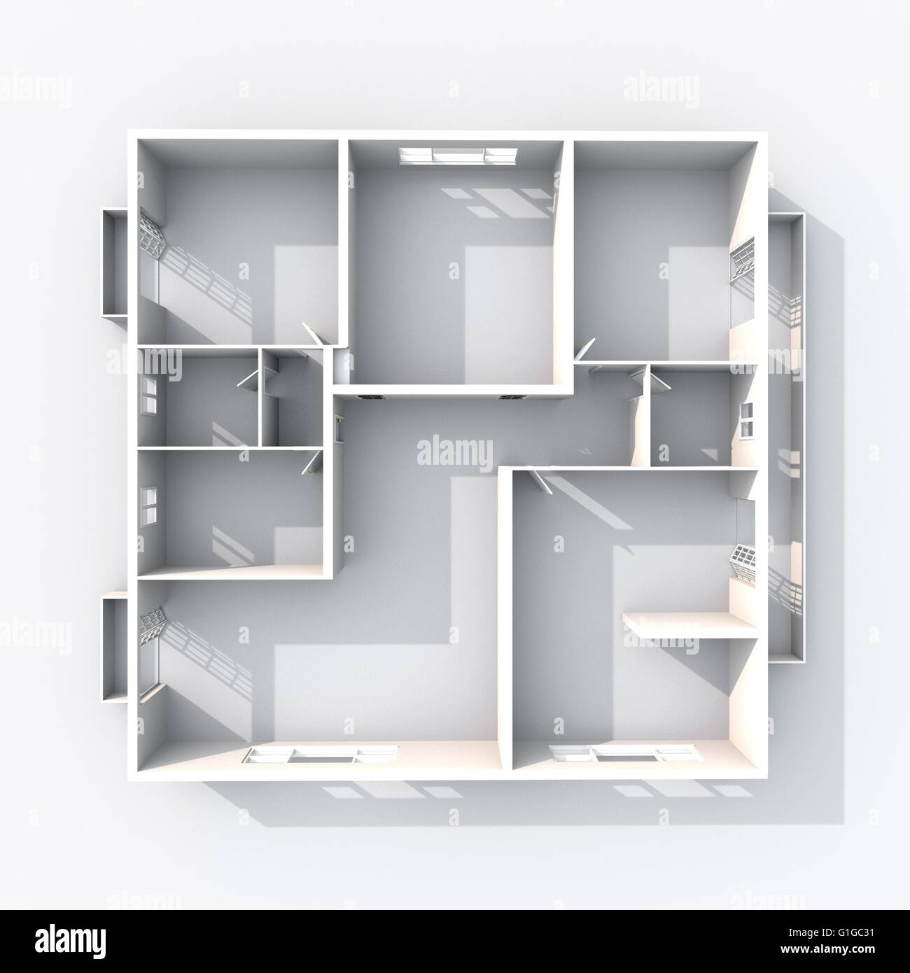 3d interior rendering of empty roofless paper model apartment Stock ...