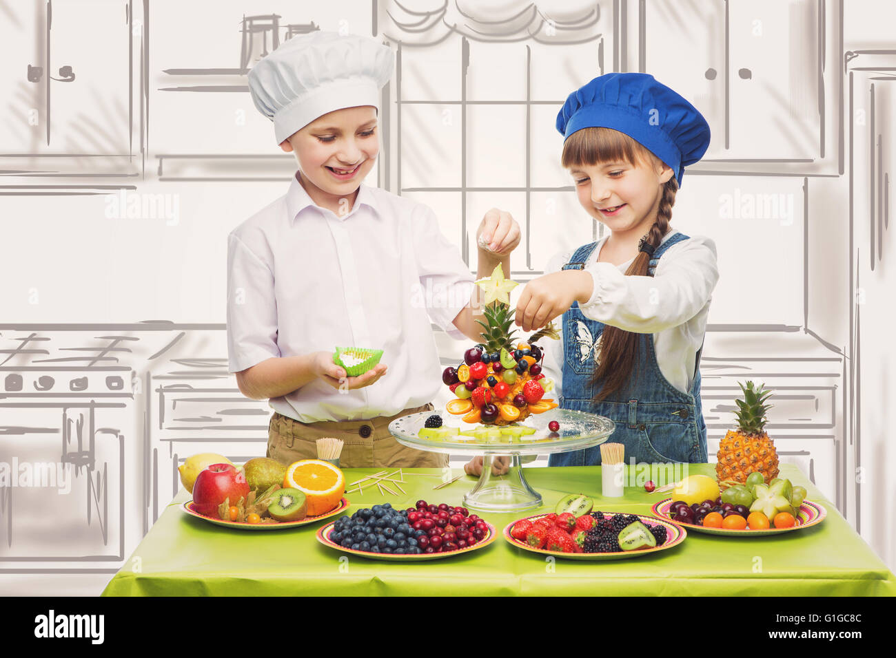 Children making fruit snacks Stock Photo - Alamy