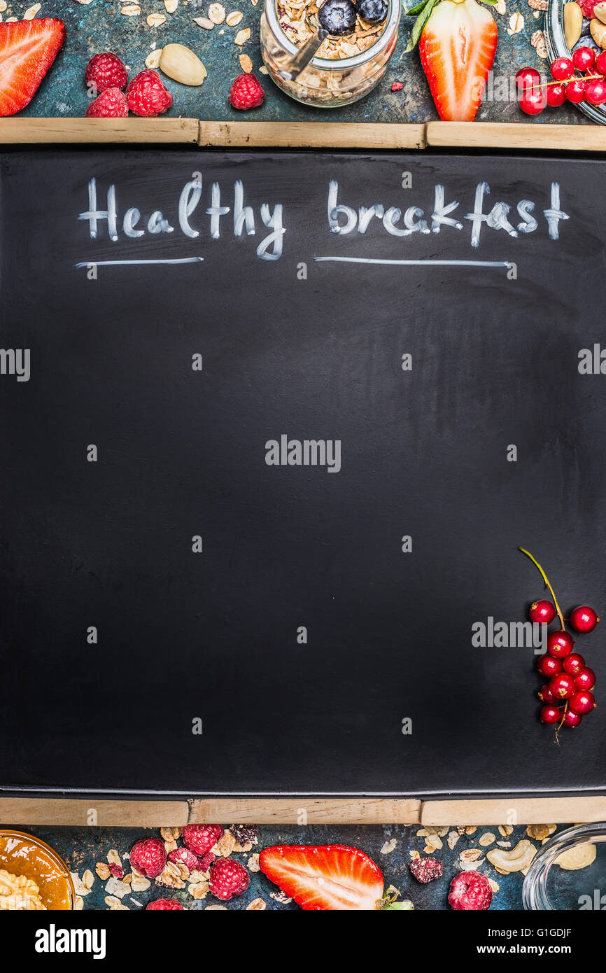 Inscription Healthy Breakfast on blank black chalkboard background ...