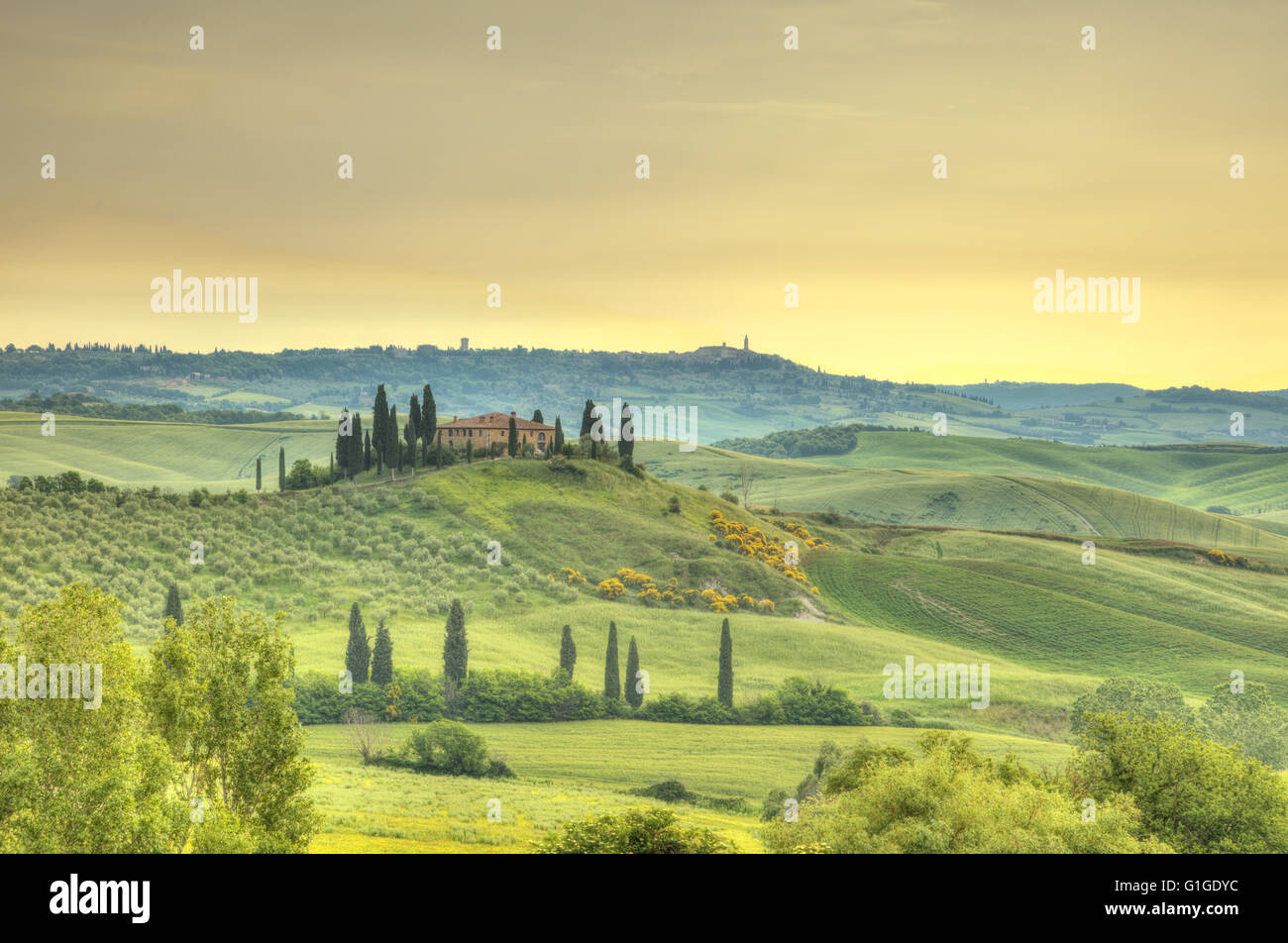 Beautiful morning Tuscany landscape with typical farm house, Italy Shot ...