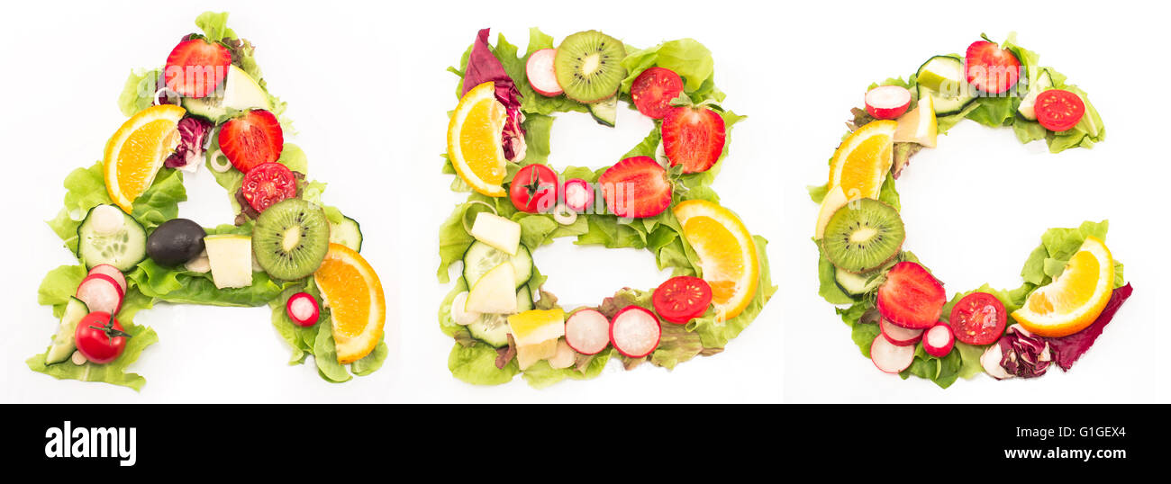 Alphabet healthy food made of salad and fruits Stock Photo - Alamy