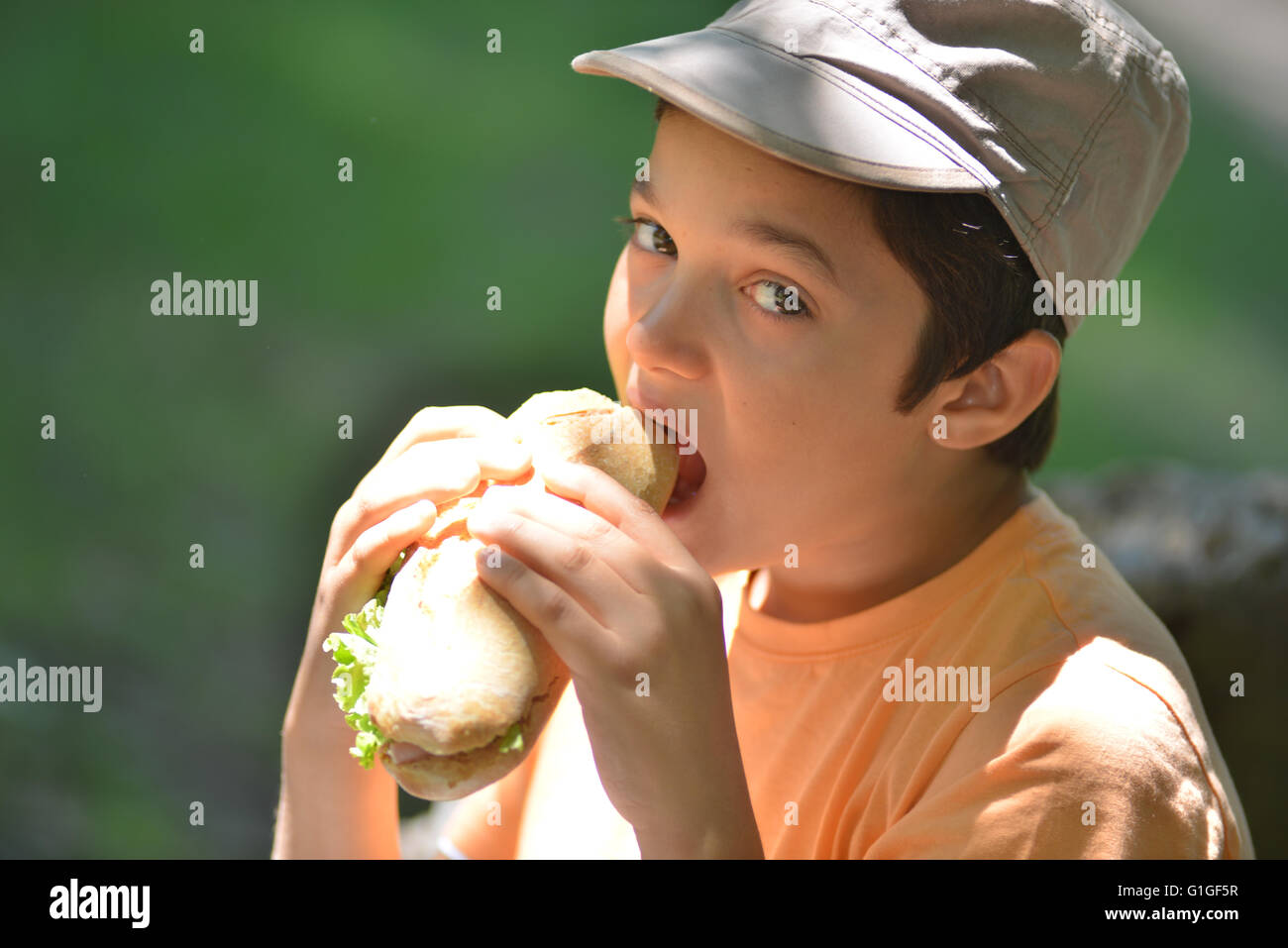 Young boy eating a sandwich after a walk, France Stock Photo - Alamy