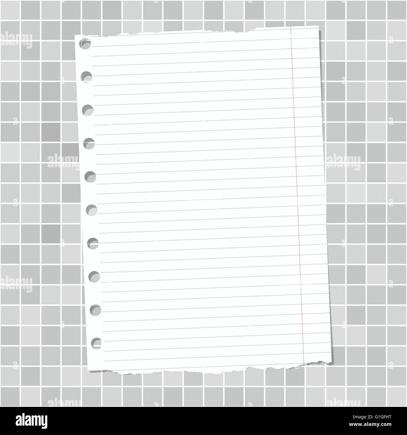 Ripped white lined notebook paper is stuck on light gray wall Stock ...