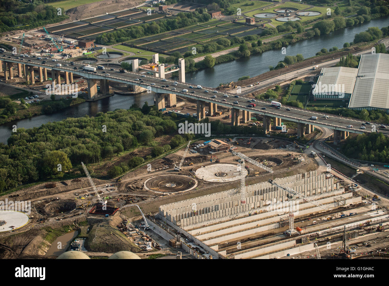 M60 bridge over Manchester Ship Canal and new development at Carrington ...