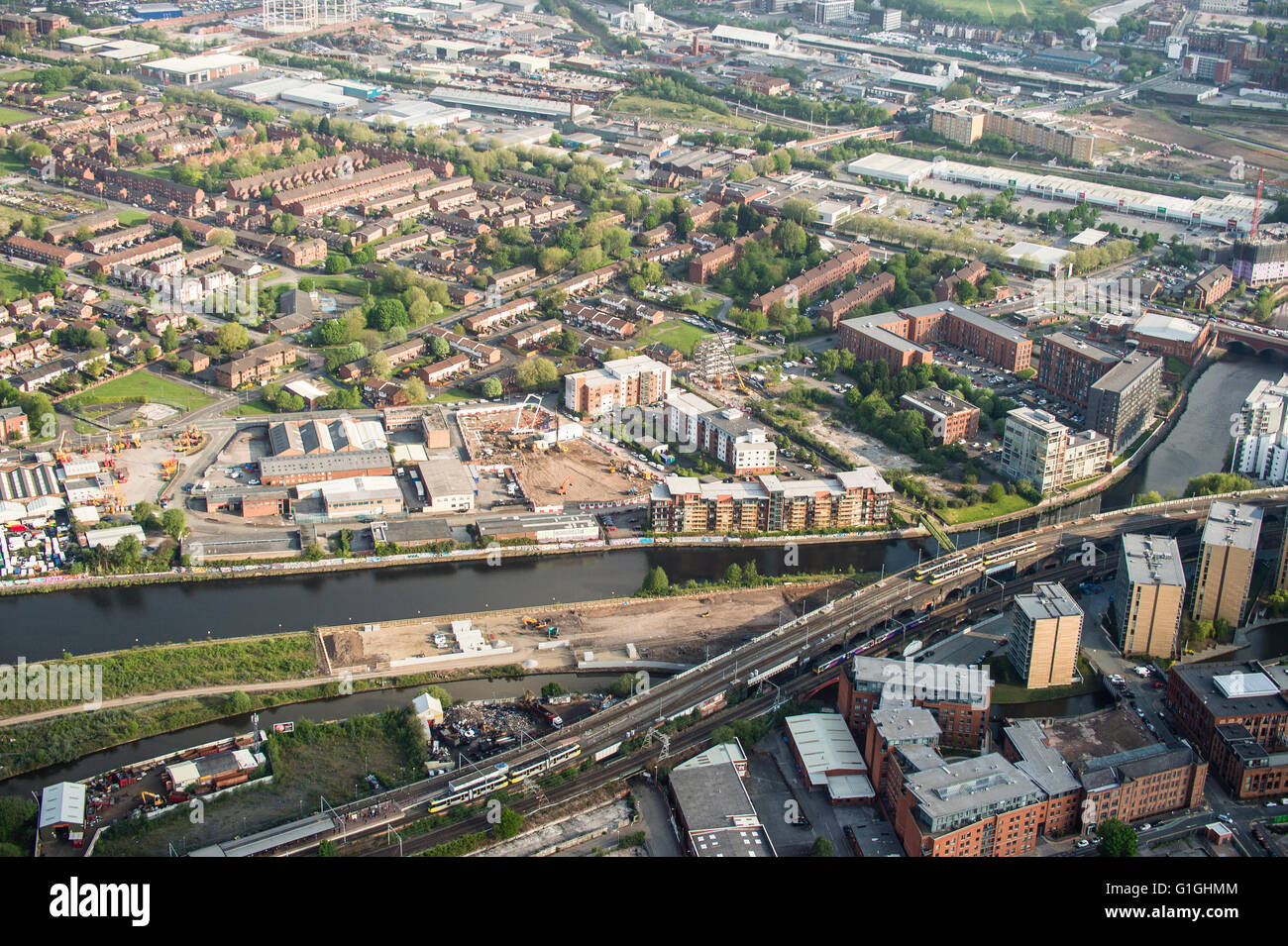 Aerial photo of Salford looking across River Irwell from Manchester ...