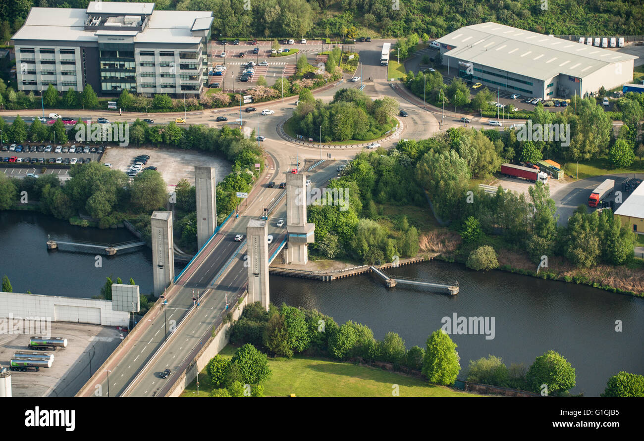Aerial photo of Centenary Bridge over the Manchester Ship Canal linking ...