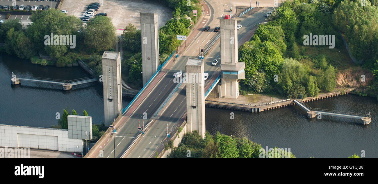 Aerial photo of Centenary Bridge over the Manchester Ship Canal linking ...
