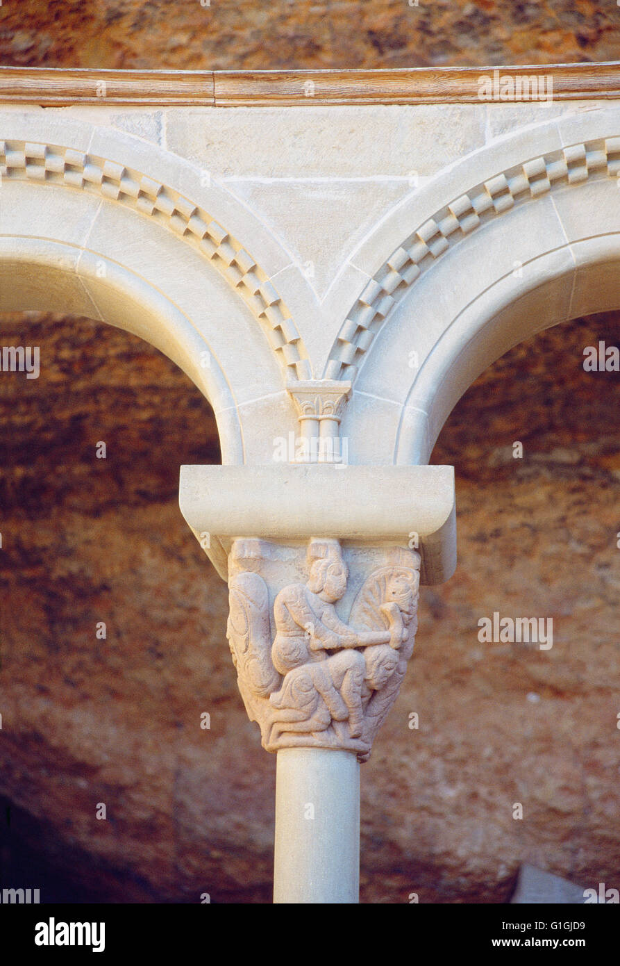 Romanesque capital in the cloister. San Juan de la Peña monastery ...