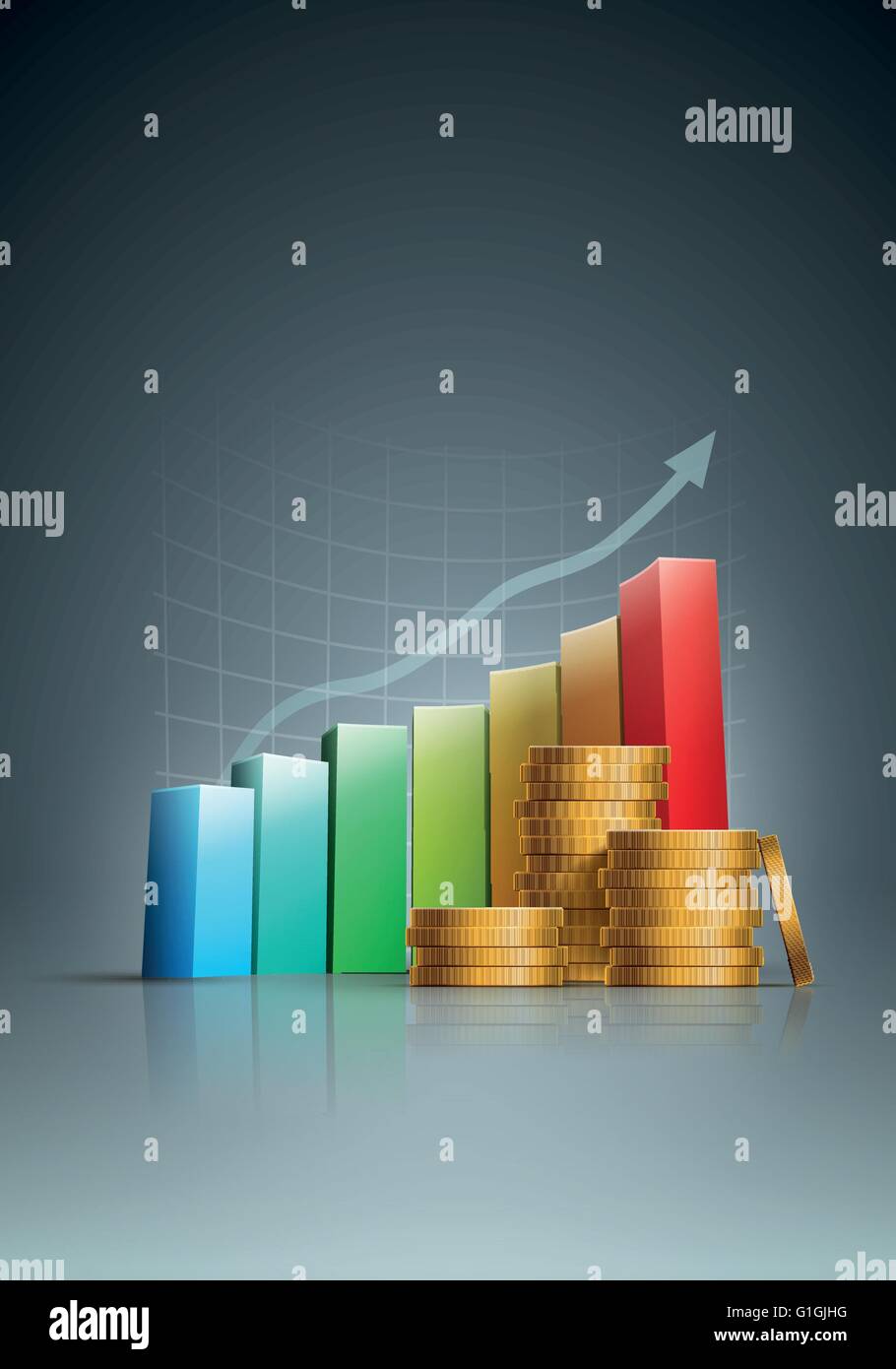 Vector stacked golden coins and colorful bar graph. Vector illustration ... Vector stacked golden coins and colorful bar graph. Vector illustration ...