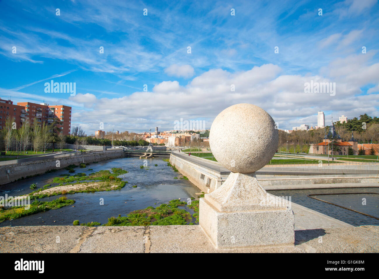 River Manzanares and Madrid Rio park from Segovia bridge. Madrid, Spain ...