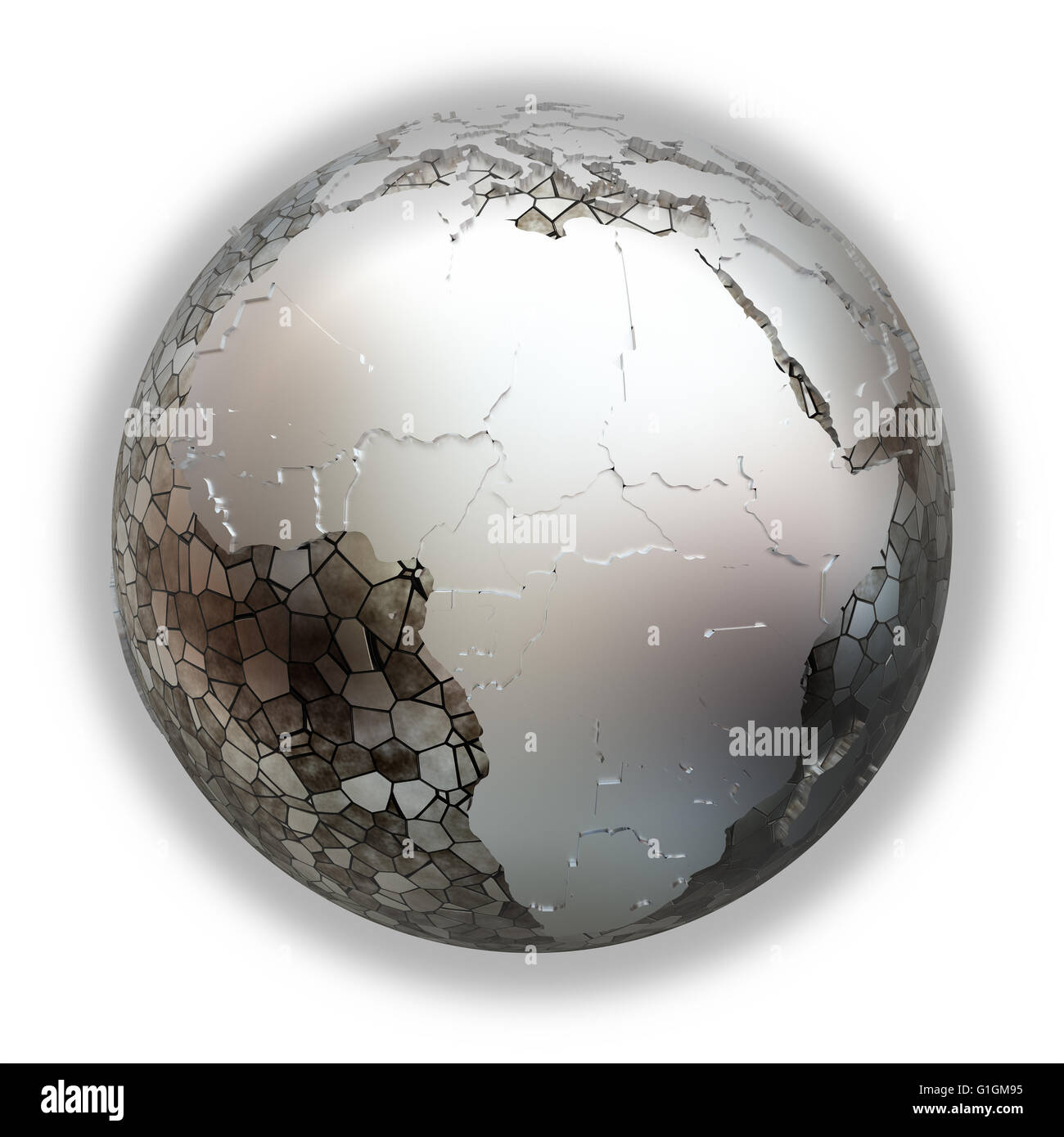 Africa on metallic model of planet Earth. Shiny steel continents with ...