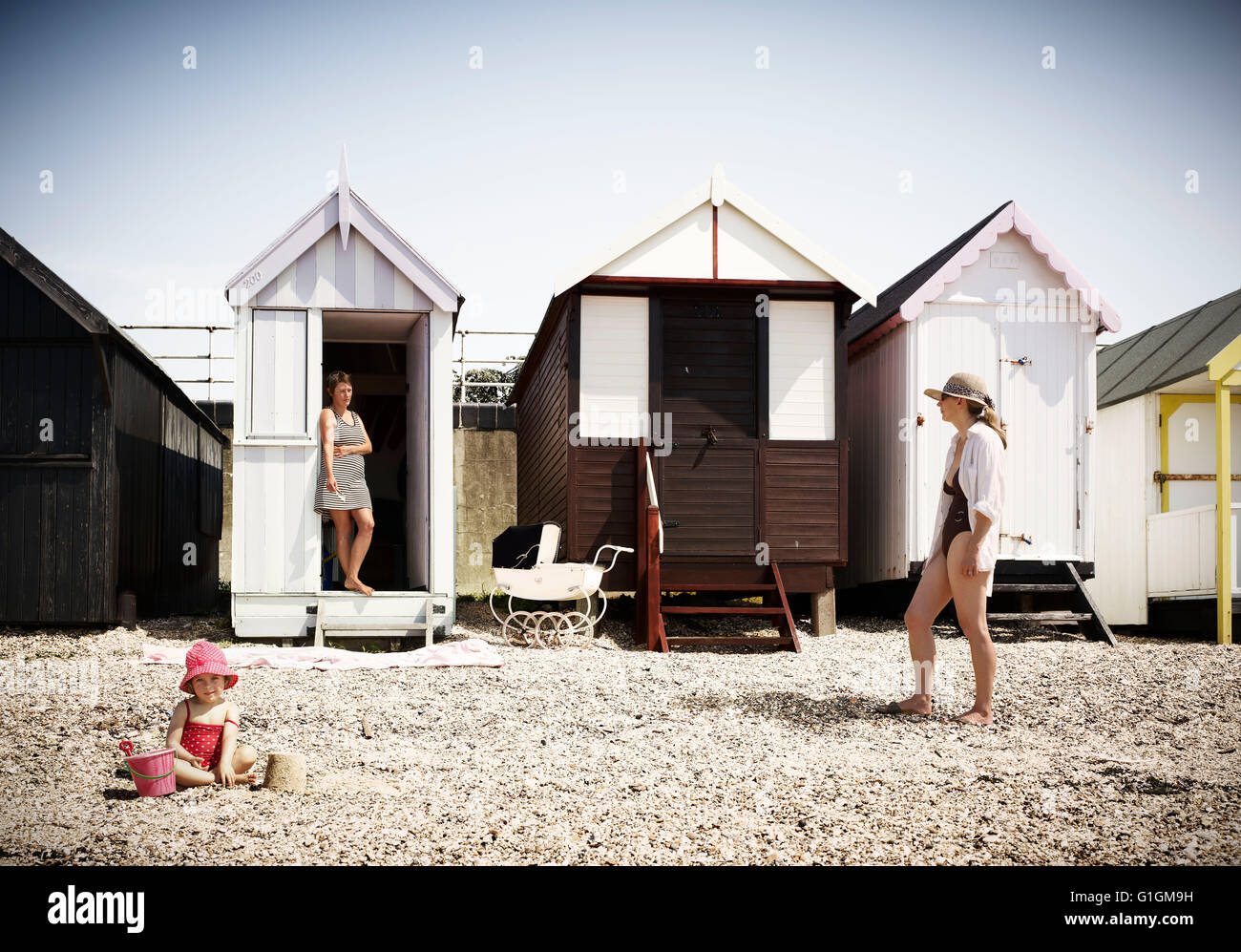 Beach scene, memories of childhood, traditional beach huts Stock Photo ...