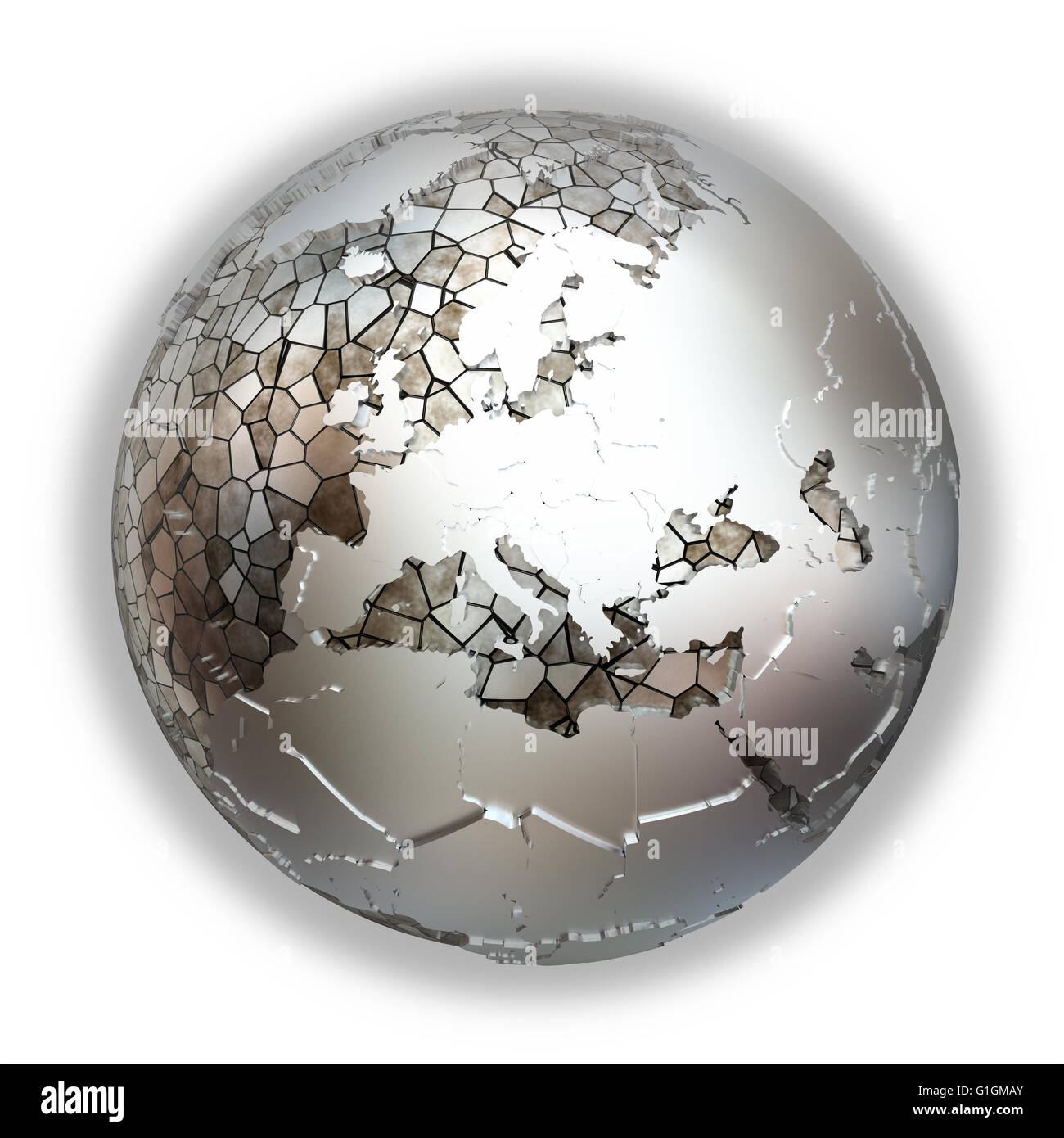 Europe on metallic model of planet Earth. Shiny steel continents with ...