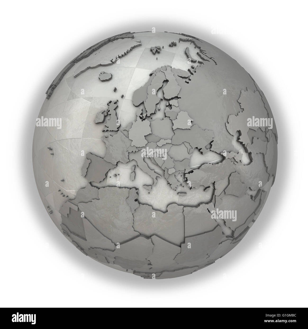 Europe on 3D model of metallic planet Earth made of steel plates with ...