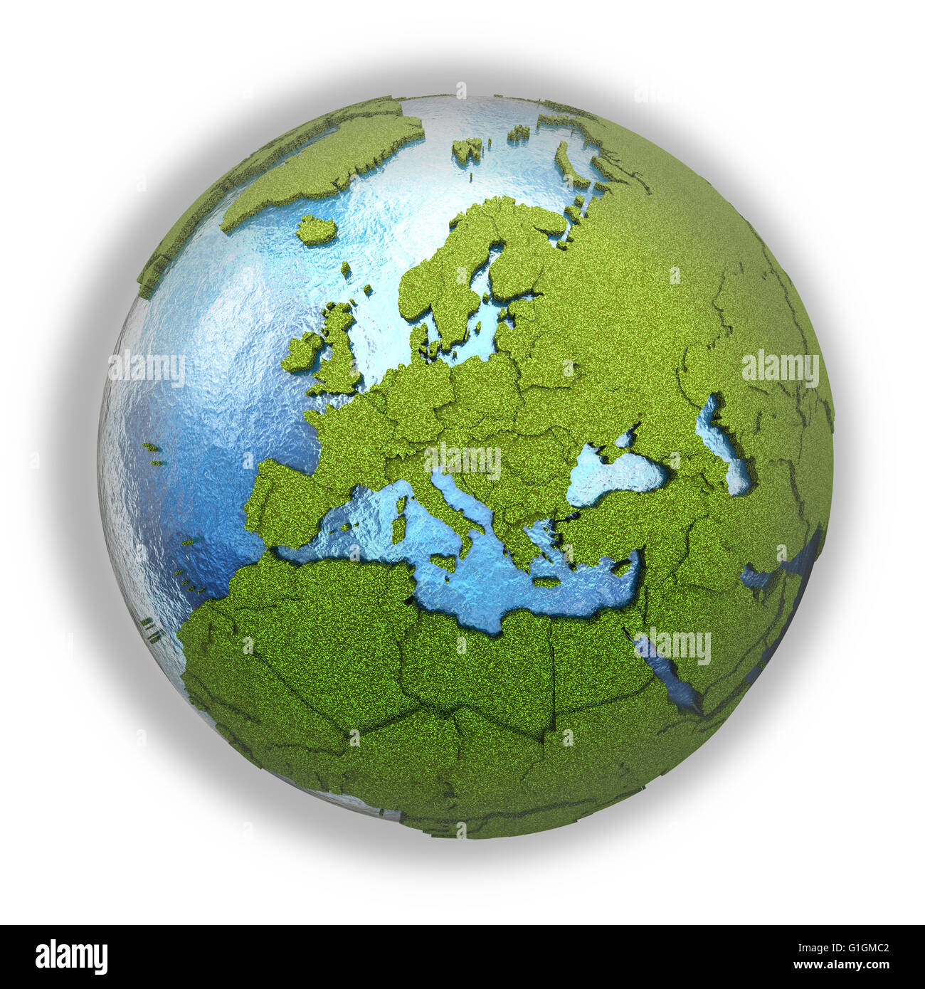 Europe on 3D model of planet Earth with grassy continents with embossed ...