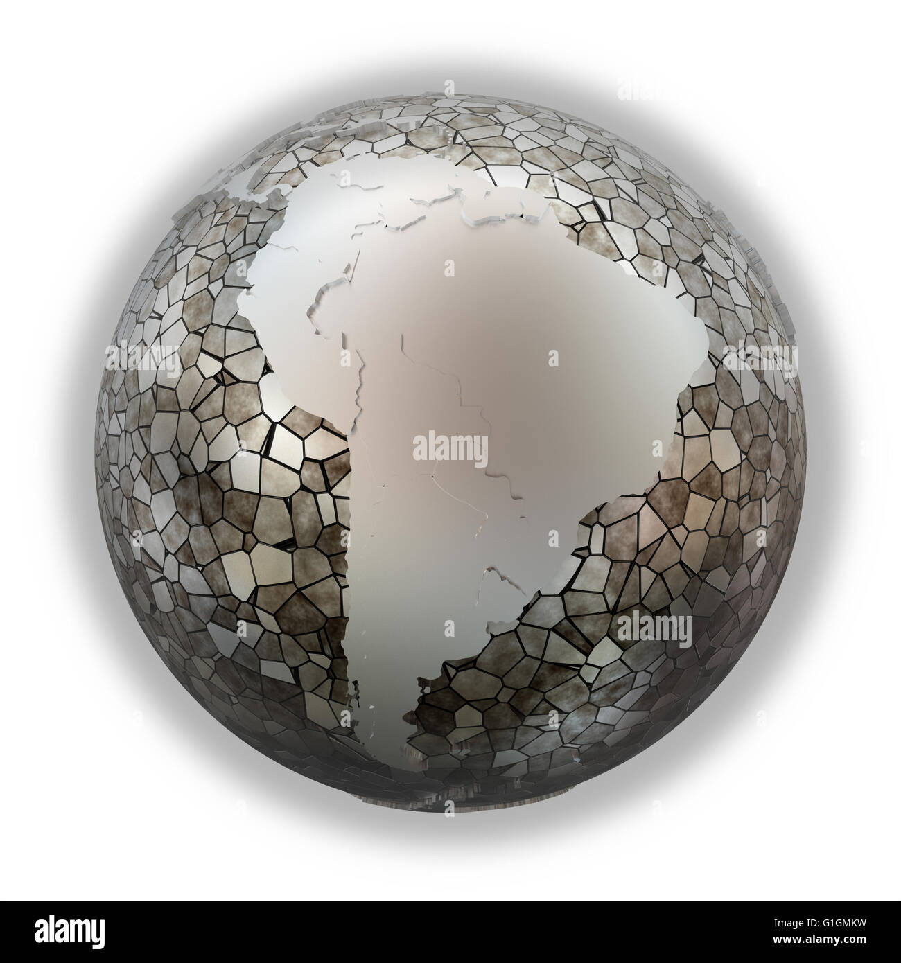 South America on metallic model of planet Earth. Shiny steel continents ...
