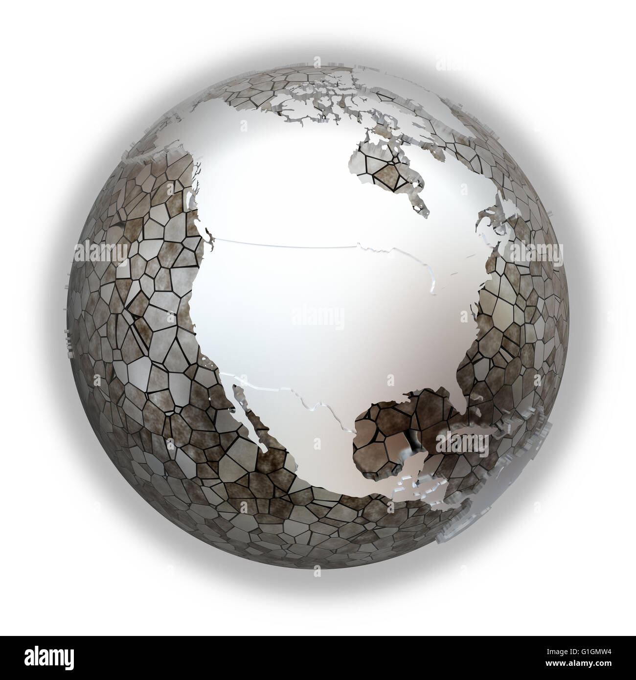 North America on metallic model of planet Earth. Shiny steel continents ...