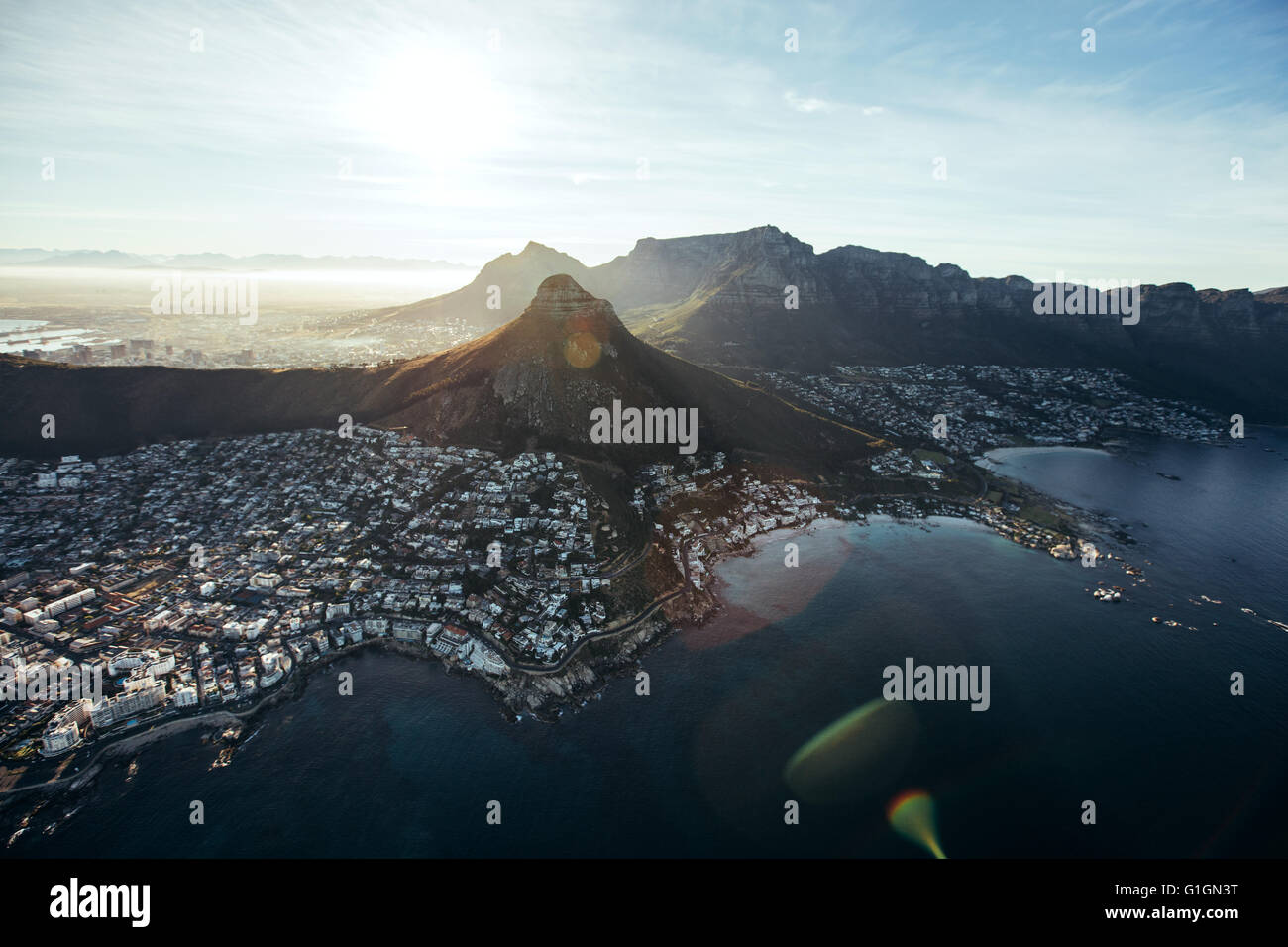 Birds eye view of city of cape town with beautiful beaches and mountain ...