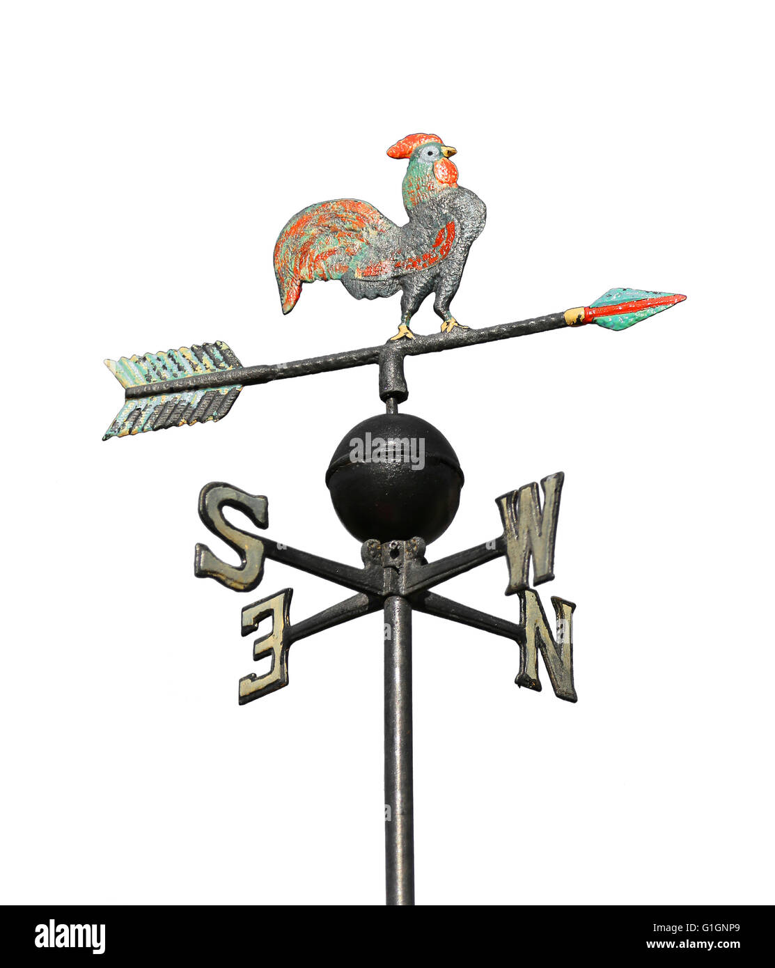 ancient weathervane with cock above an arrow and the four cardinal ...
