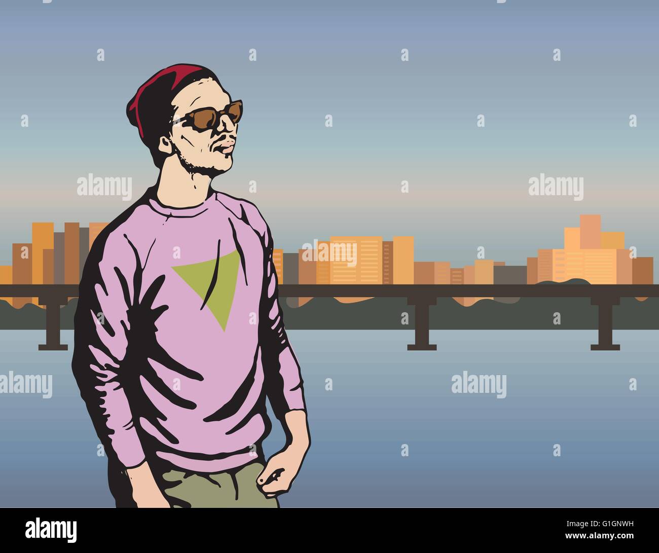 boy hipster character, vector illustration man on city background Stock ...